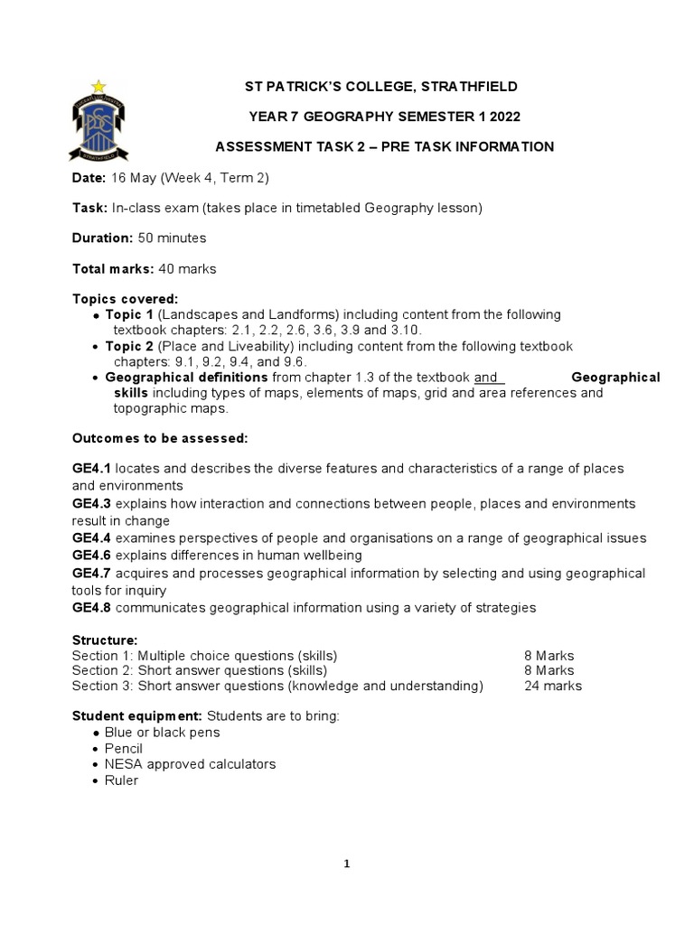 Year 7 Geography Assessment Task 2 Semester 1 2022 - Pre Task Information | PDF