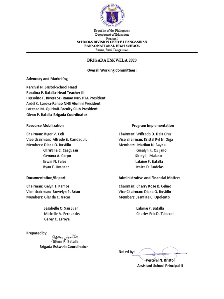 Working Committees On Brigada Eskwela 2023 | PDF
