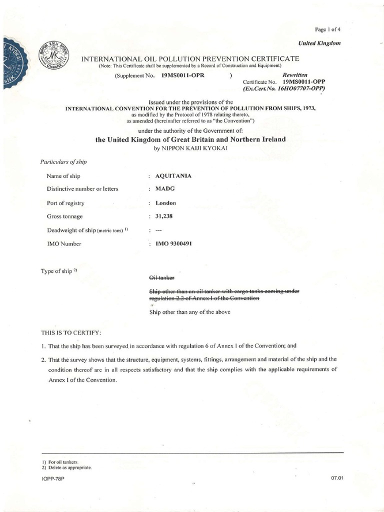 Int Oil Pollution Cert | PDF