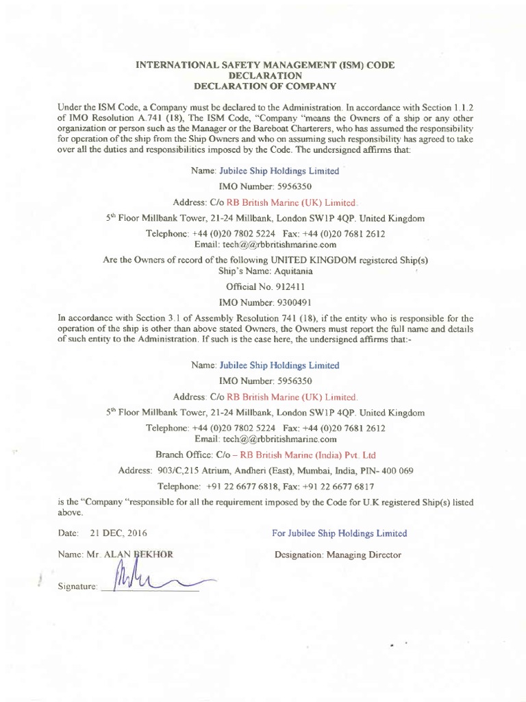 Ism Declaration of Company | PDF | Water Transport | Shipping