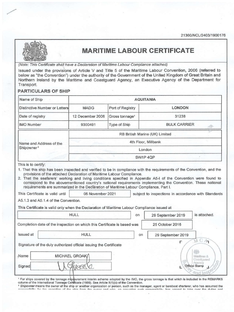 Maritime Labour Certificate | PDF