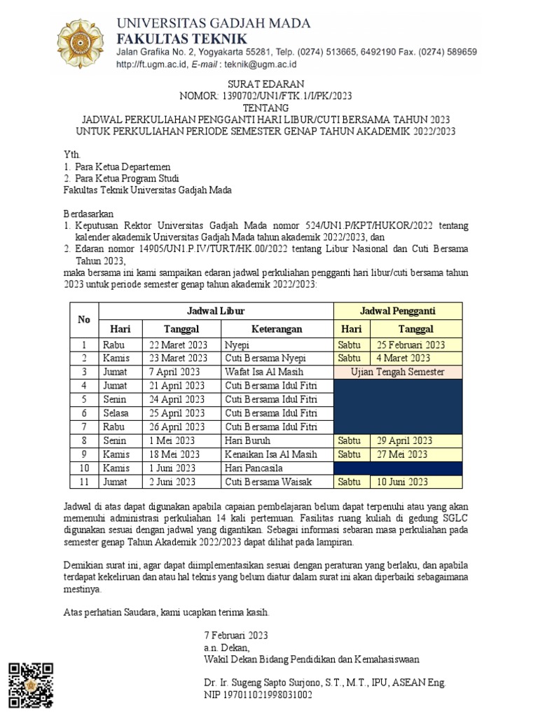 Jadwal Perkuliahan Pengganti Hari Libur Cuti Bersama 2023 Perkuliahan ...