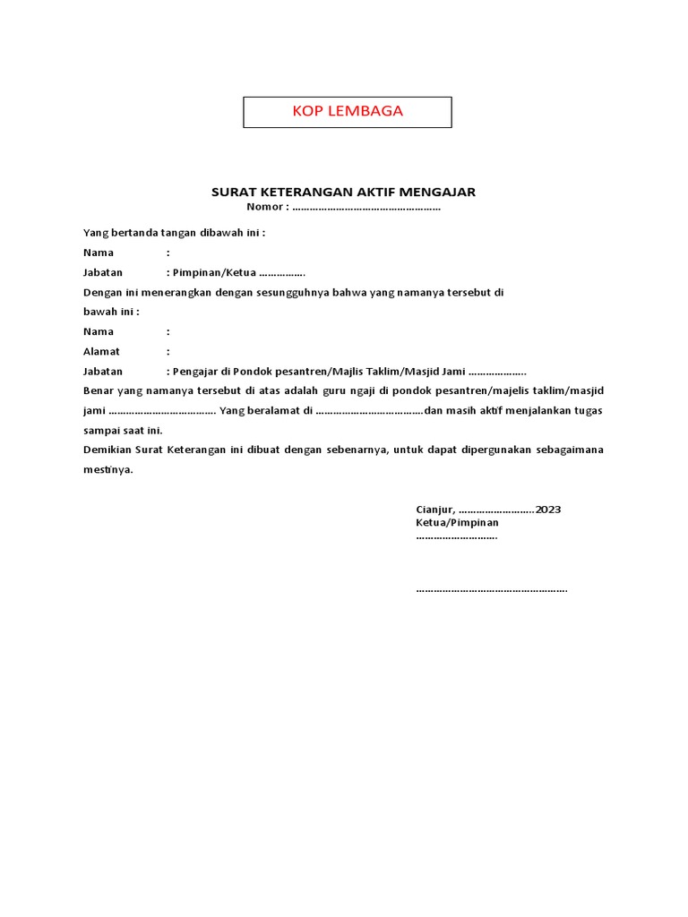 Surat Keterangan Aktif Mengajar Sadesha 2023 | PDF | Olahraga & Rekreasi | Agama & Spiritualitas