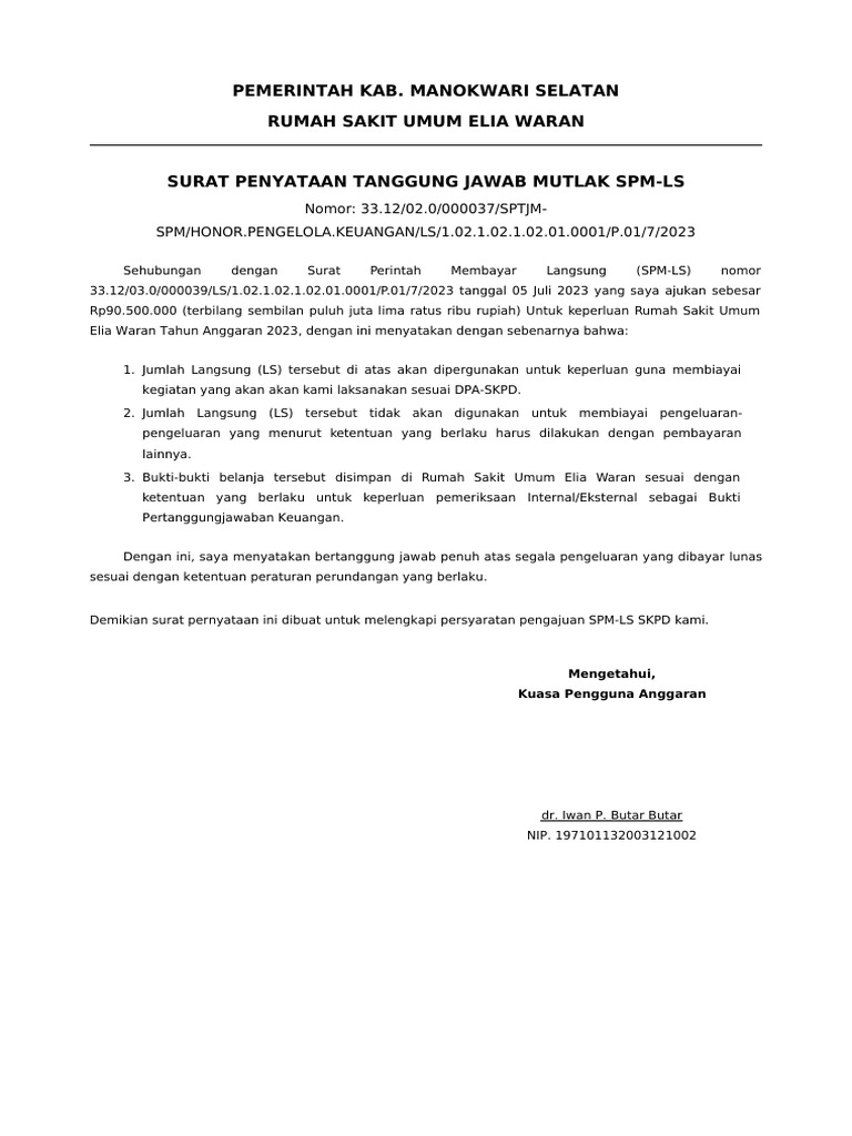 Pernyataan Pengajuan SPM-LS - 33.12 - 02.0 - 000037 - SPTJM-SPM - HONOR - PENGELOLA.KEUANGAN ...