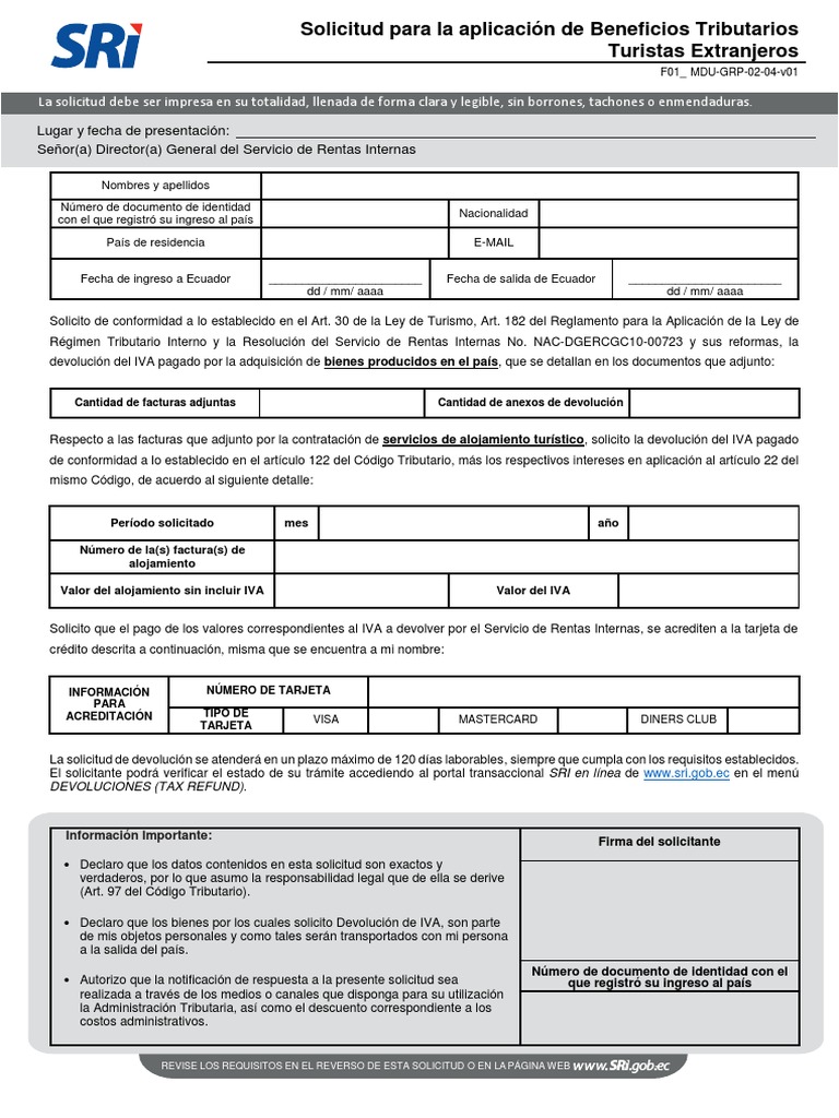 Solicitud para La Aplicaci N de Beneficios Tributarios Turistas | PDF
