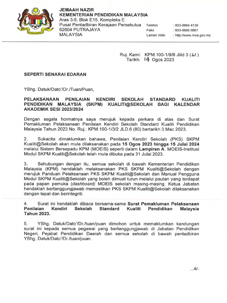 01 - Pelaksanaan PKS SKPM Kualiti@Sekolah Bagi Kalender Akademik Sesi ...