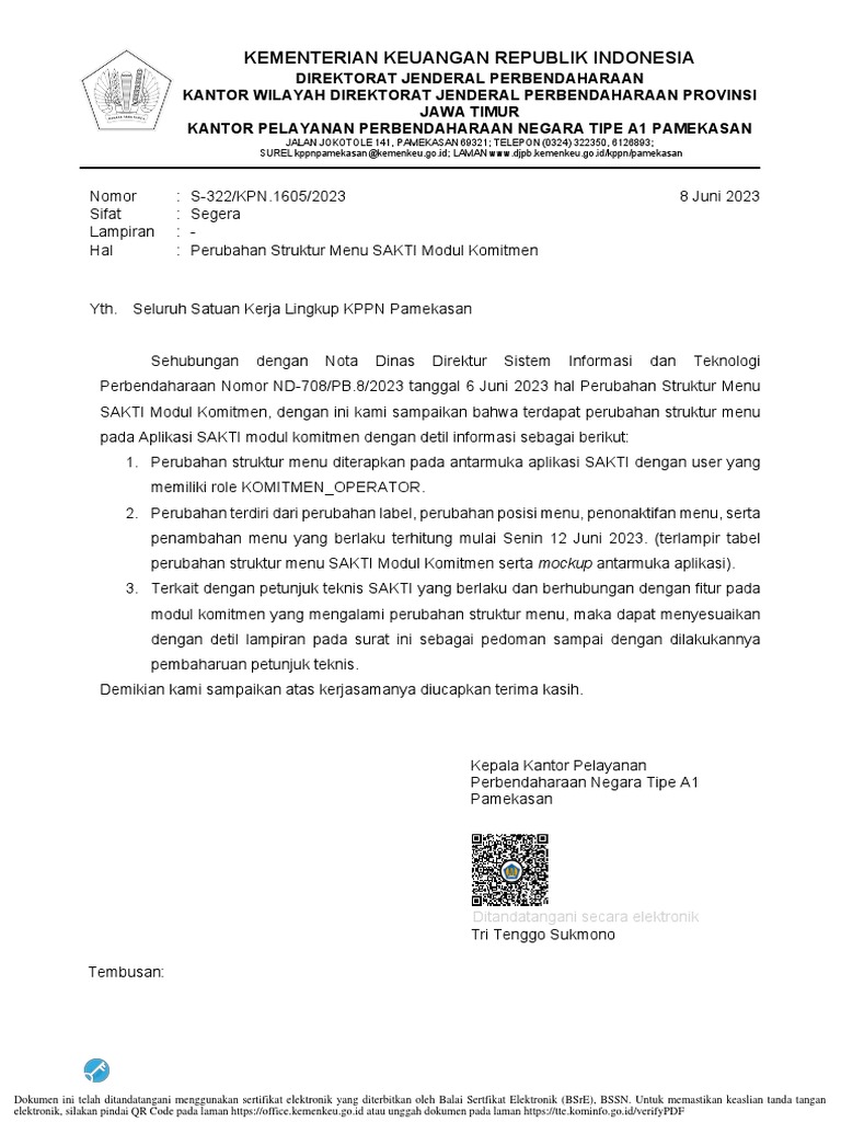 Perubahan Menu SAKTI Modul Komitmen | PDF