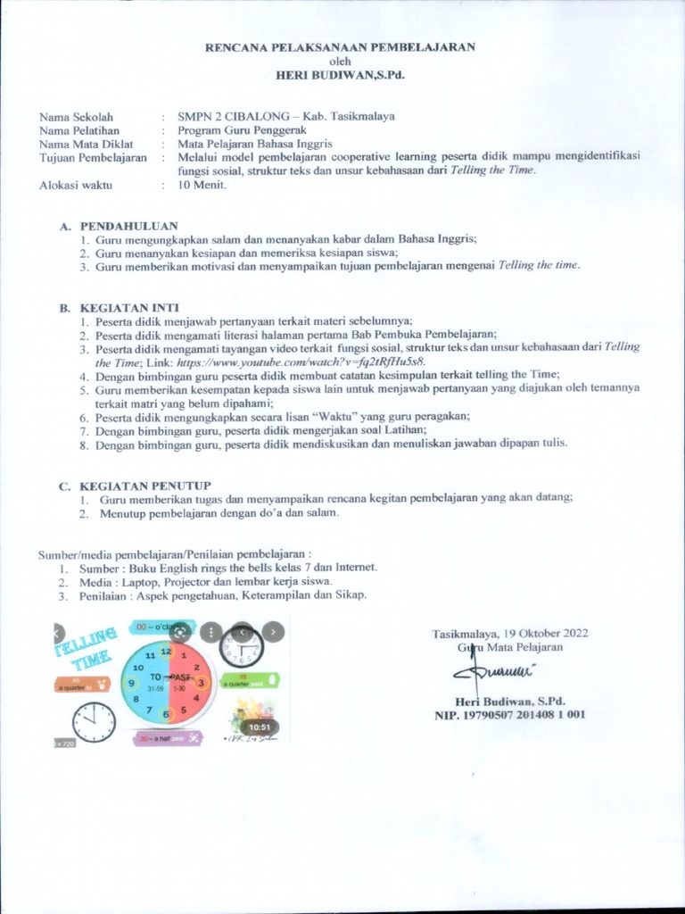 RPP Telling The Time B. Inggris 7 | PDF