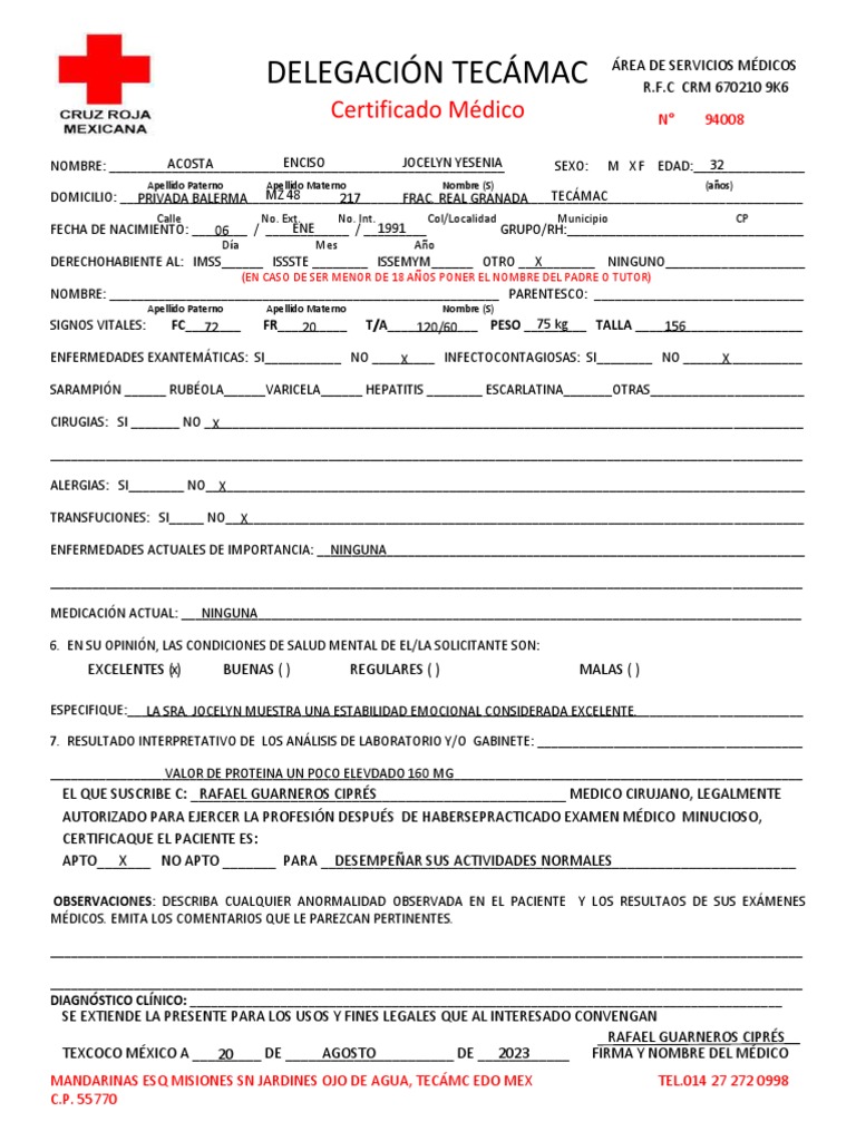 Certificado Medico Cruz Roja | PDF