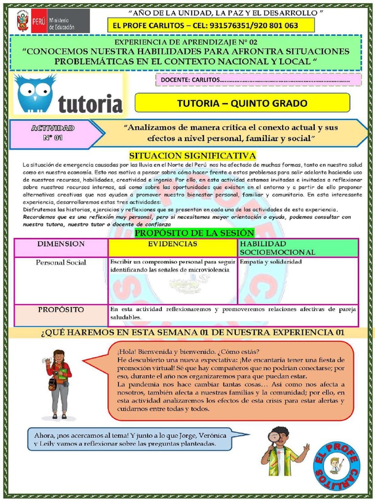 Experiencia de Aprendizaje 02 - Actividad 01 - 5to Grado - 2023 - Tutoria - 00001 | PDF
