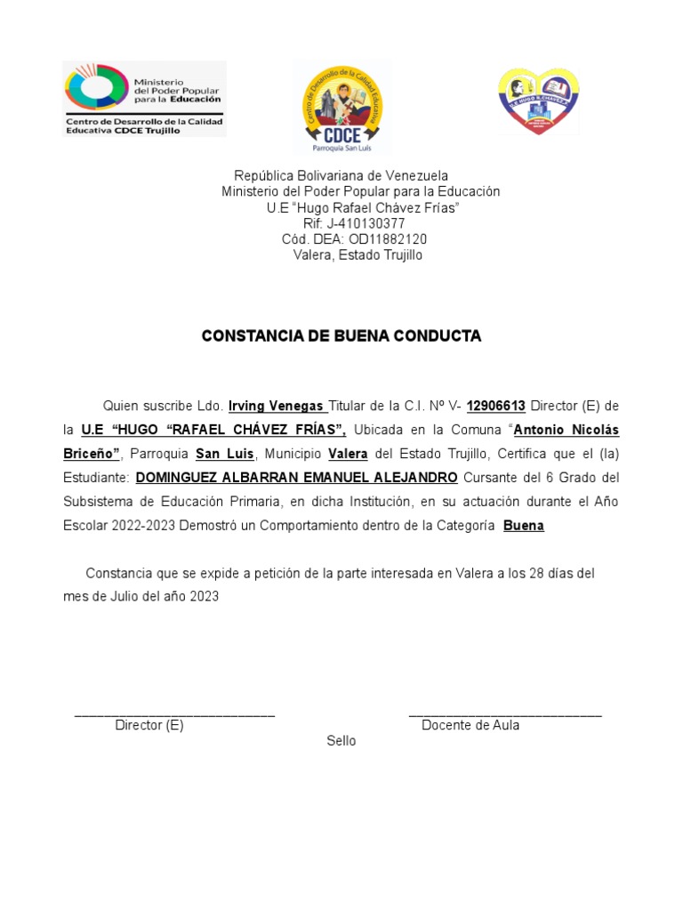 Constancia de Buena Conducta Escolar | PDF