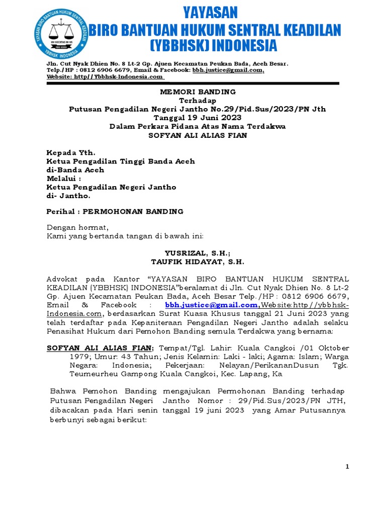 Memori Banding Sofyan Ali Alias Fian | PDF