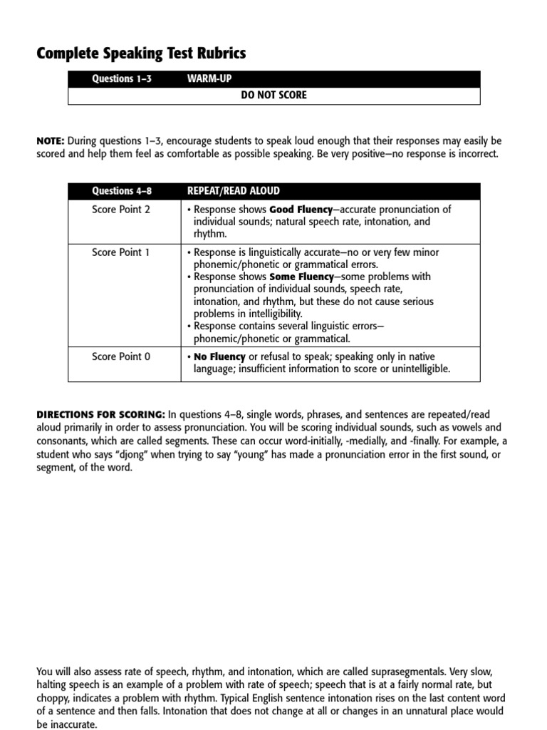 Complete Speaking Test Rubrics: Questions 1-3 Warm-Up | PDF