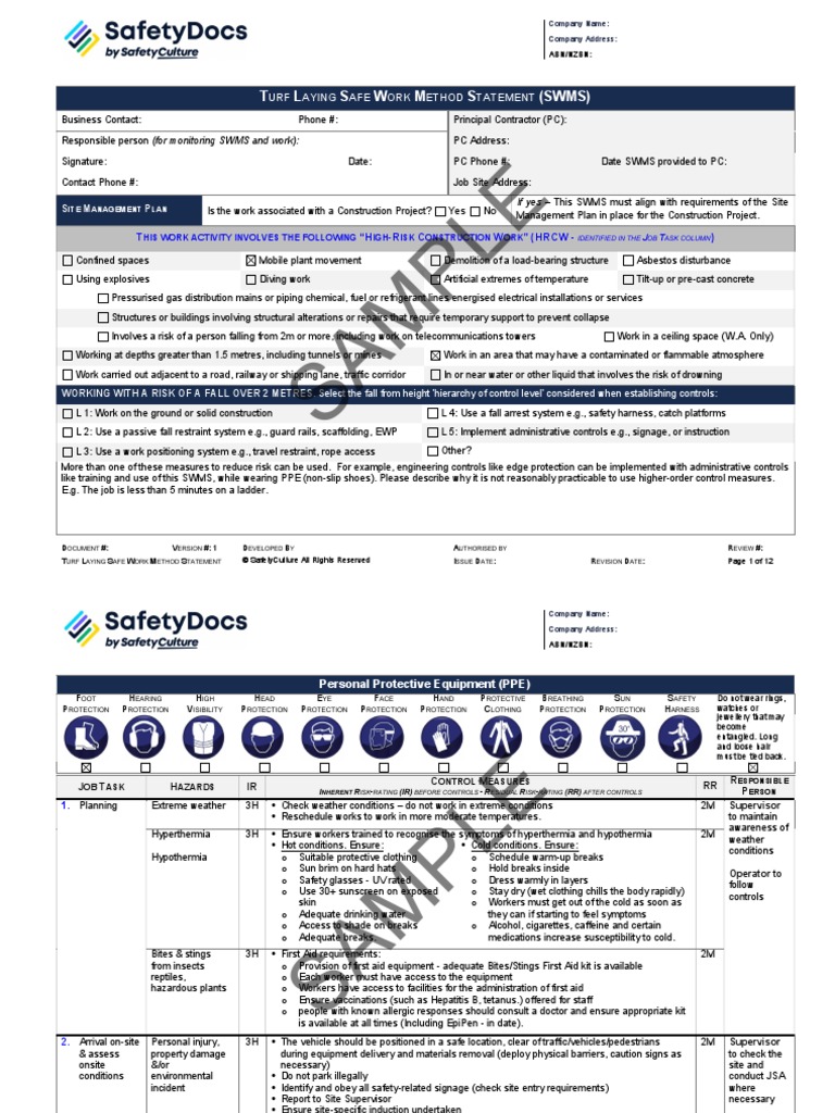 Turf Laying Residential Safe Work Method Statement-SAMPLE | PDF