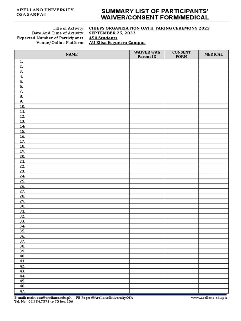 OSA SARF A4 Summary List of Waiver_Consent Form_Medical- CHIEF ORG OATH ...