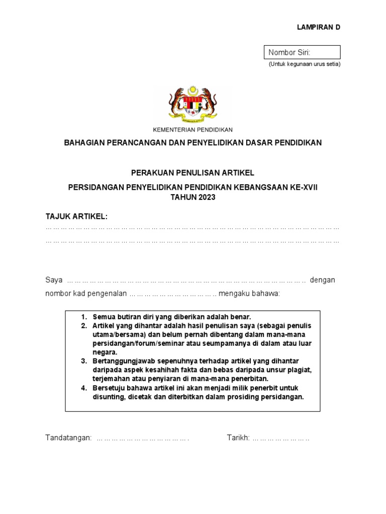 Lampiran D_borang Perakuan Penulisan Artikel | PDF