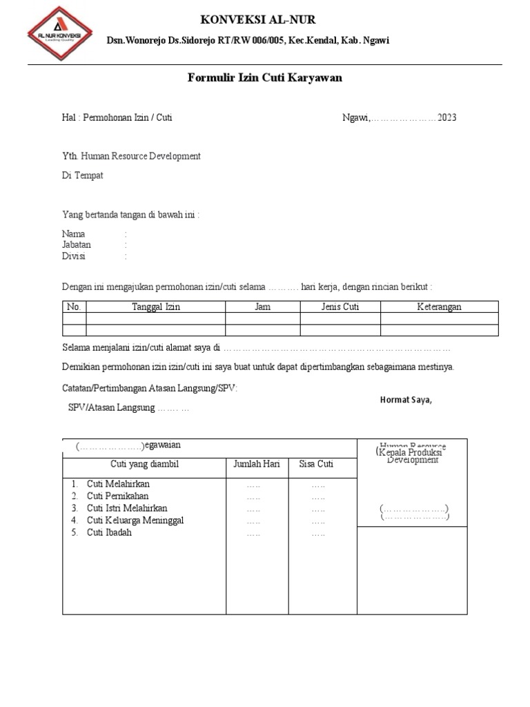 Formulir Izin Cuti Karyawan Konveksi | PDF