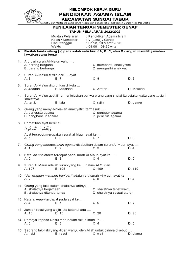 PTS Genap PAI Kelas 5 | PDF