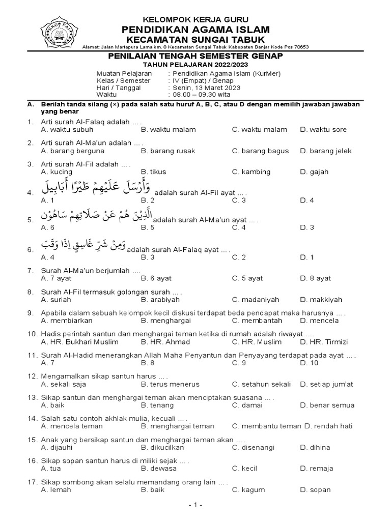 PTS Genap PAI Kelas 4 KurMer | PDF