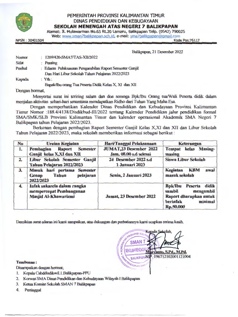Pengambilan Raport Dan Hari Libur TP 2022-2023 | PDF
