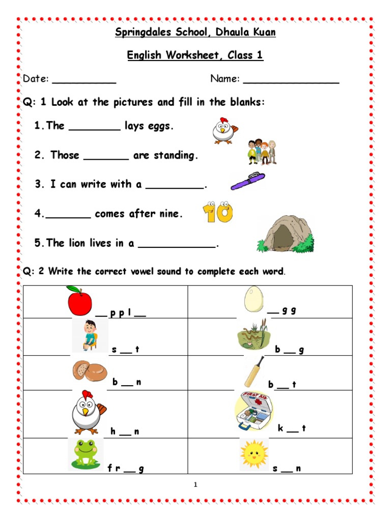 HHW Worksheets - Std1 Final (2023) | PDF