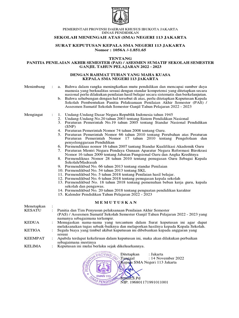 SK - Pas - Assesment Sumatif Sekolah Semester Ganjil - 2022 | PDF