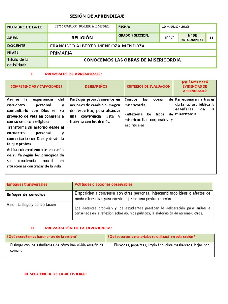 SESION 10 Julio RELIG OBRAS MISERICORDIA | PDF | Aprendizaje | Misericordia
