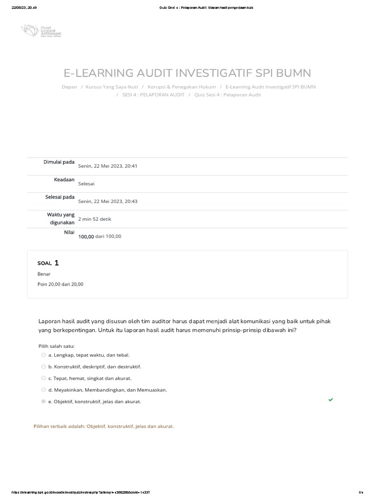 Quiz Sesi 4 - Pelaporan Audit - Ulasan Hasil Pengerjaan Kuis - Nilai ...