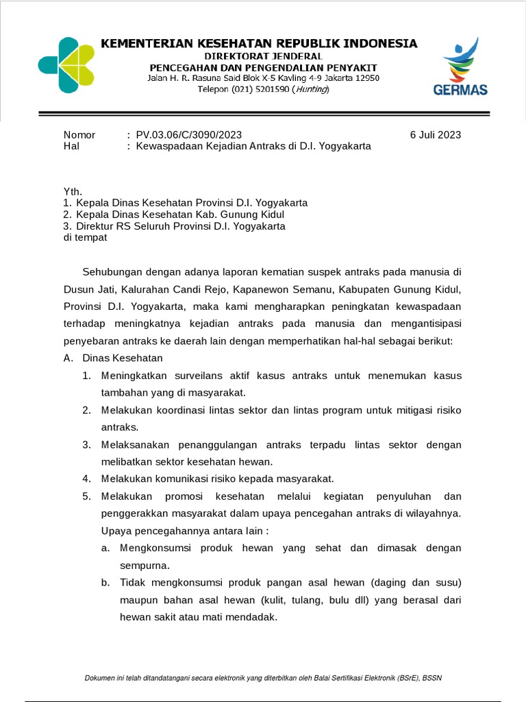 Surat Edaran Kewaspadaan Kejadian Antraks Di DIY | PDF