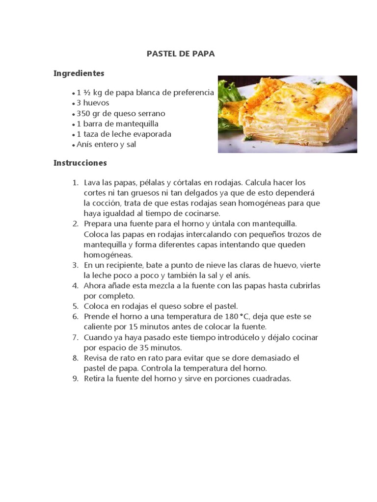 Pastel de Papa Receta | PDF