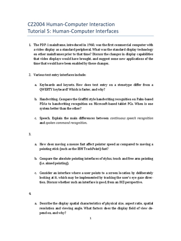 CZ2004 Human Computer Interaction Tutorial 5: Human Computer Interfaces | PDF | Human–Computer ...