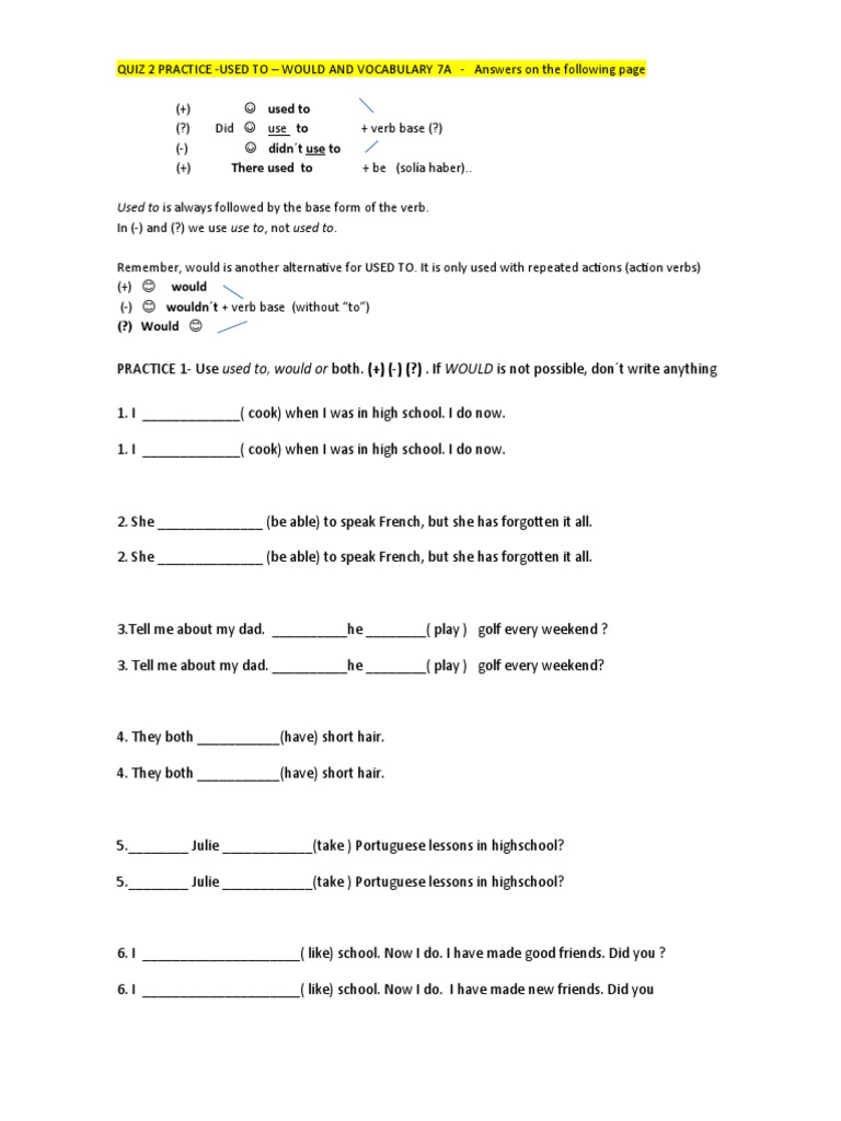 QUIZ 2 PRACTICE Used To - Would and Voc Unit 7a | PDF | Language Arts & Discipline | Foreign ...
