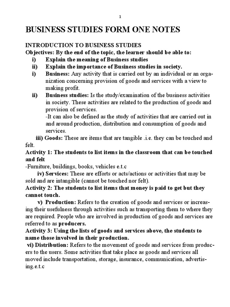 Business Studies Notes Form 1 4 Booklet | PDF