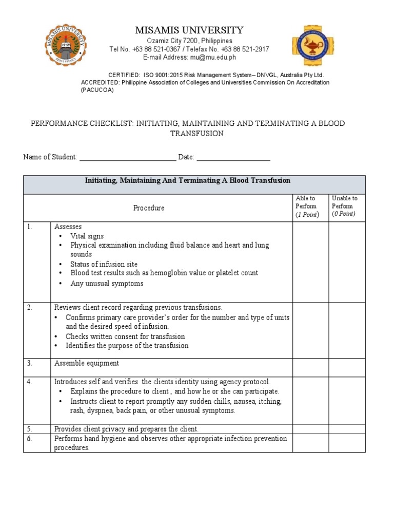 Performance Checklist BT | PDF | Blood Transfusion | Blood Type