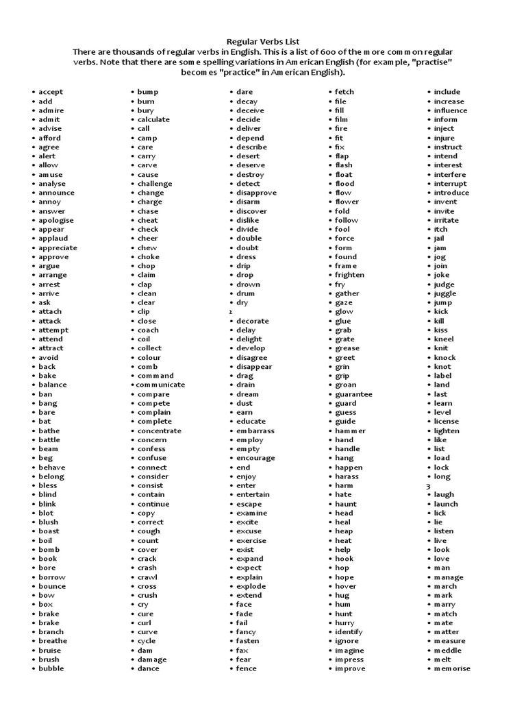 Regular Verbs List | PDF