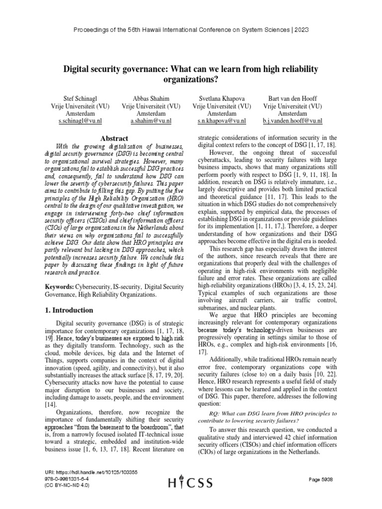 Digital Security Governance: What Can We Learn From High Reliability ...