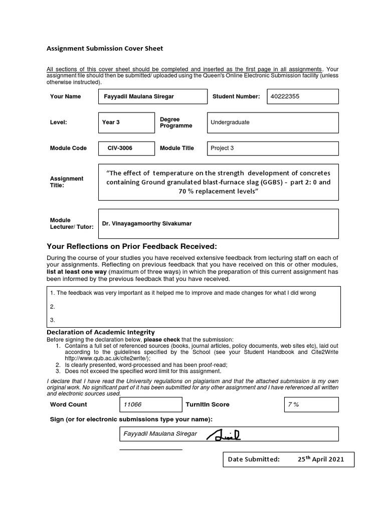 Assignment Submission Cover Sheet | PDF | Concrete | Structural Engineering