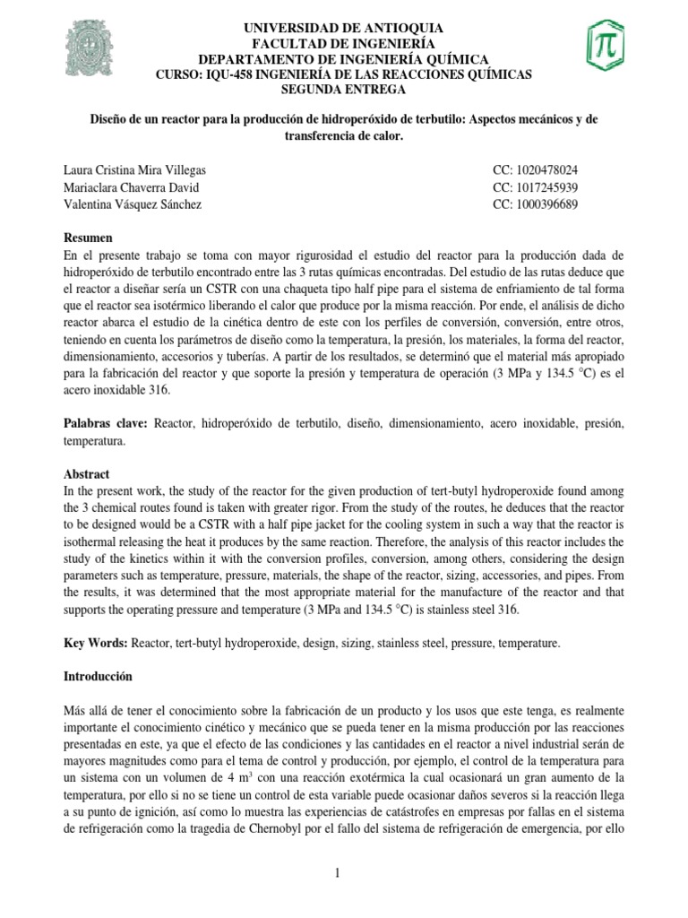Segunda Parte Proyecto - Equipo 2 | PDF | Reactor Quimico | Ingeniería Química