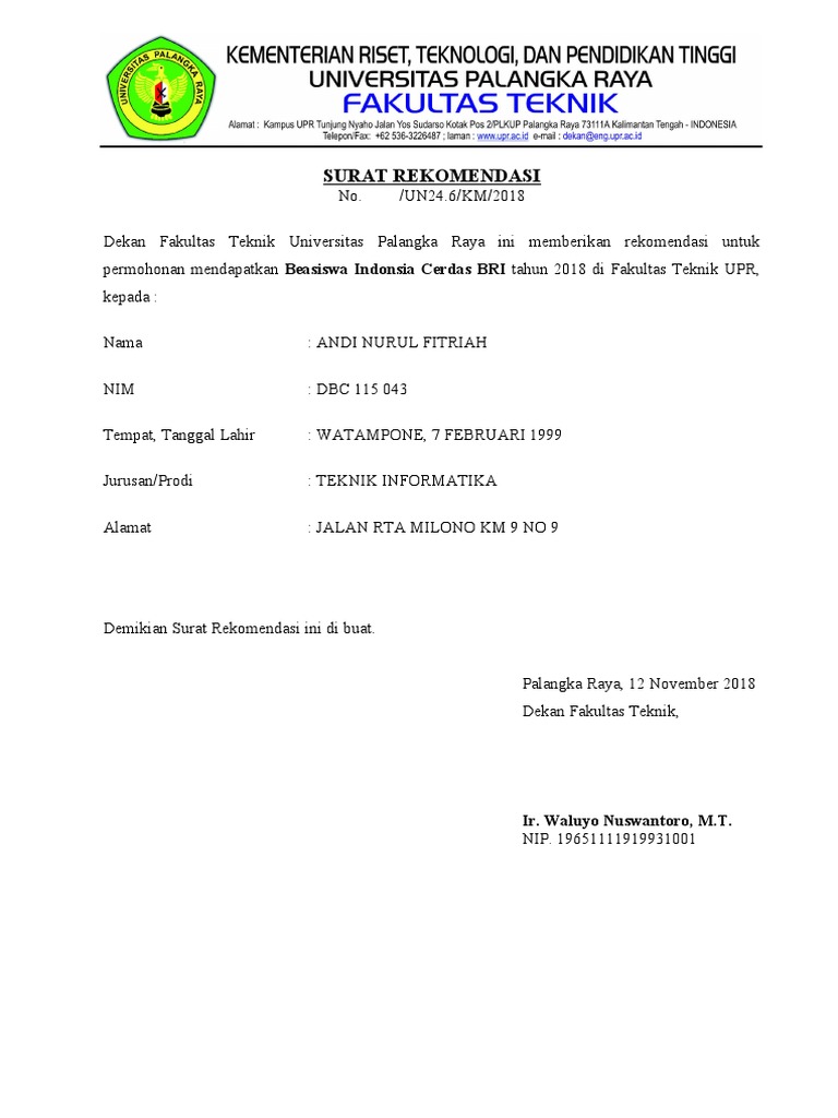 Surat Rekomendasi Fakultas | PDF
