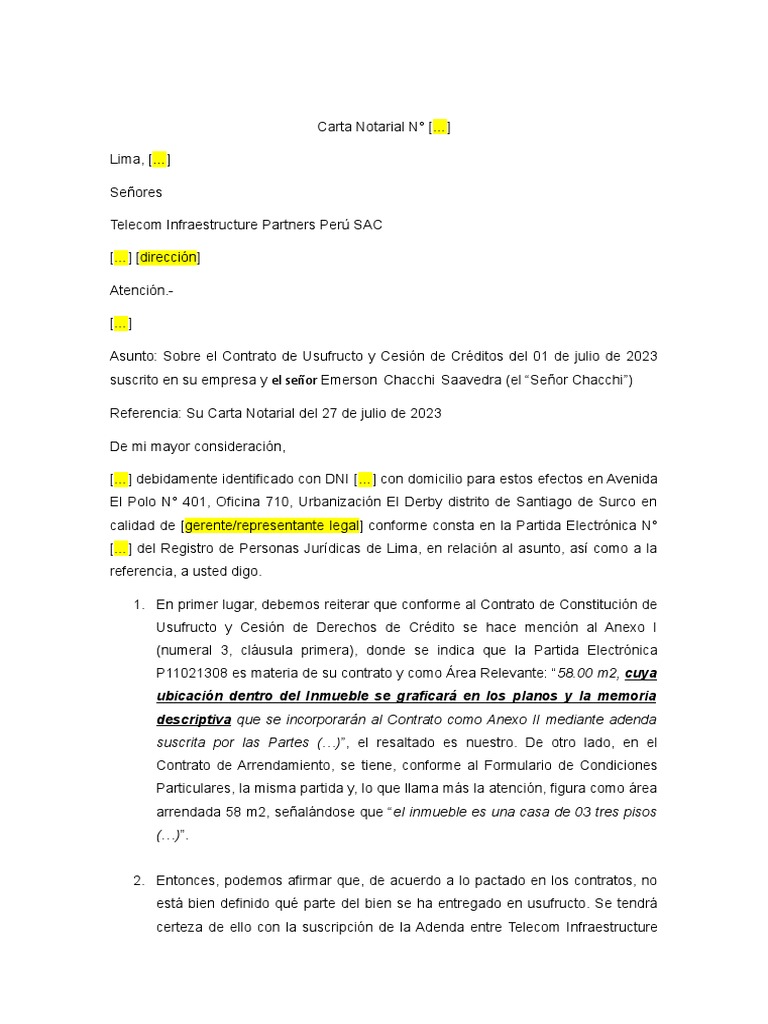 Carta Notarial Respuesta INFRATEL - Cto Usufructo | PDF | Propiedad ...