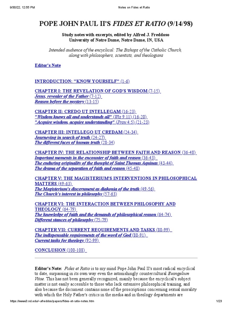 Notes On Fides Et Ratio | PDF | Faith | Reason