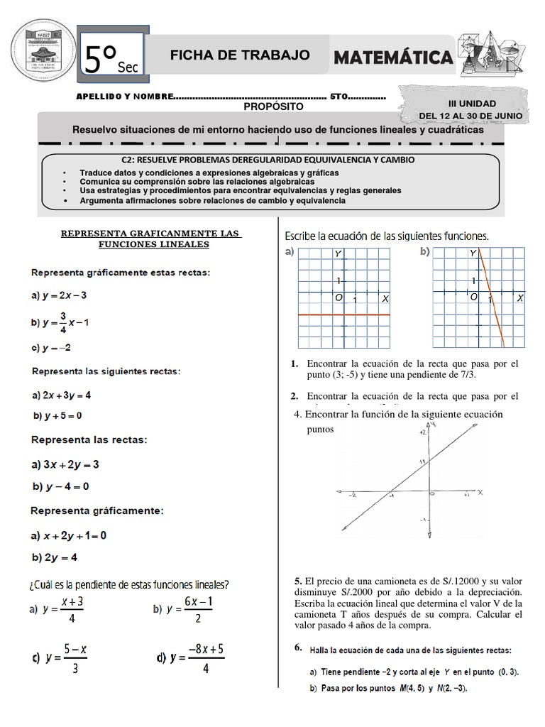 Ficha de Funciones Lineales y Cuadraticas | PDF | Ecuaciones | Conceptos matemáticos