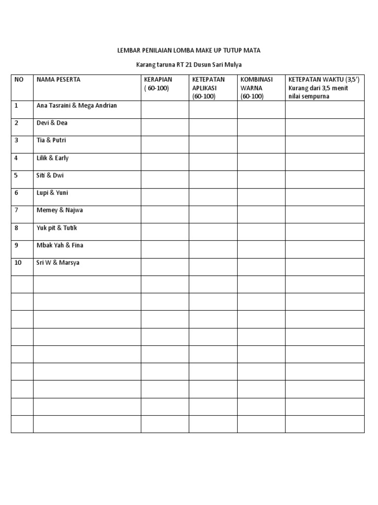 Lembar Penilaian Lomba Make Up Tutup Mata | PDF