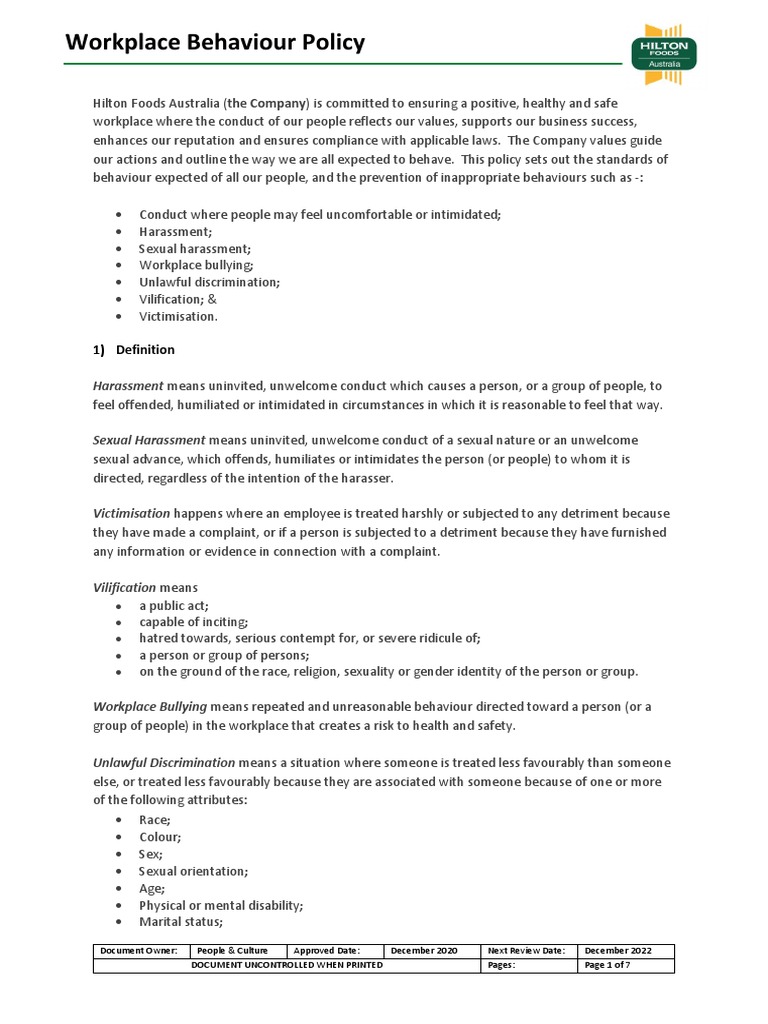 Workplace Behaviour Policy: 1) Definition | PDF | Sexual Harassment ...
