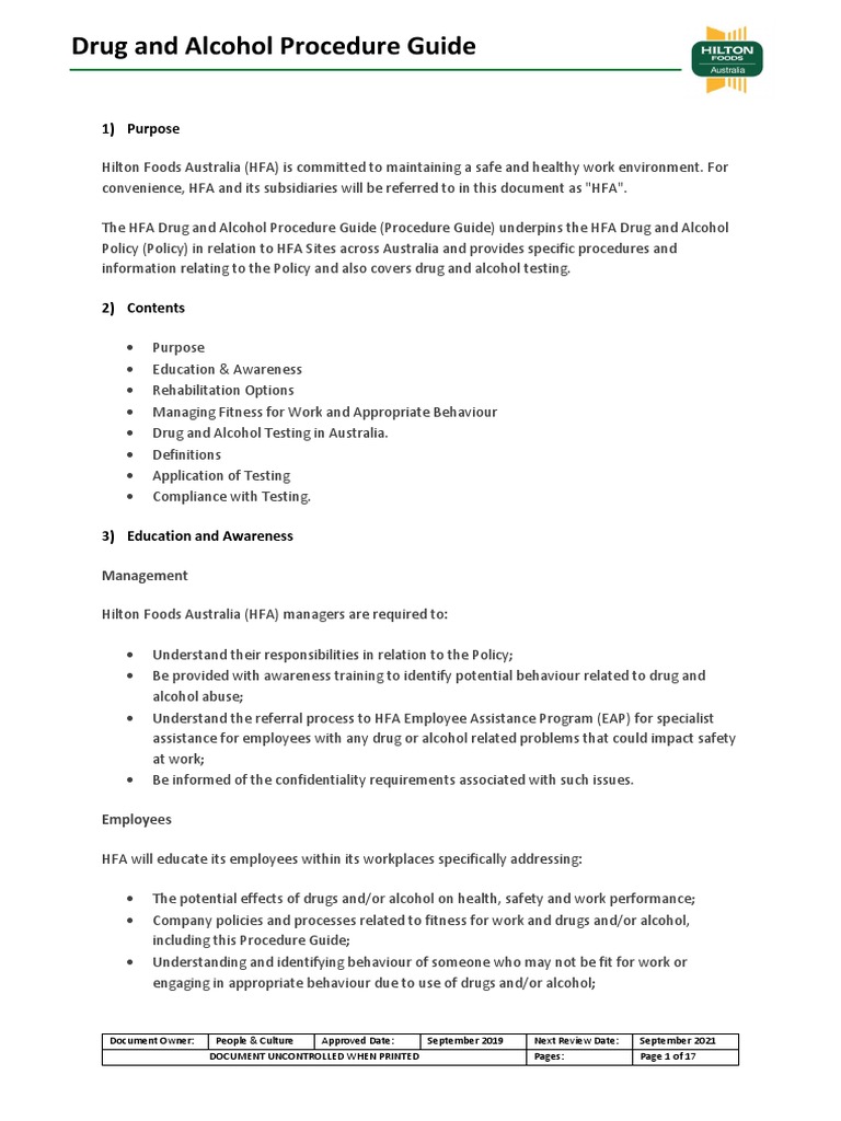 Drug and Alcohol Procedure Guide: 1) Purpose | PDF | Employment | Drug Test