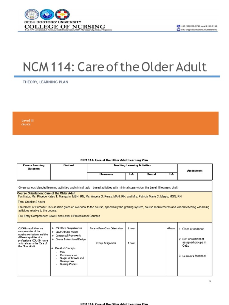 NCM 114 - Theory Learning Plan AY 2023-2024 | PDF