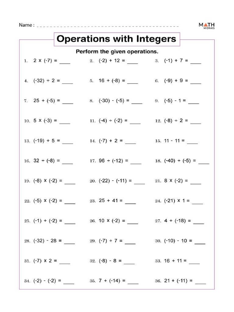 7th Grade Integers Worksheet Grade 7 | PDF
