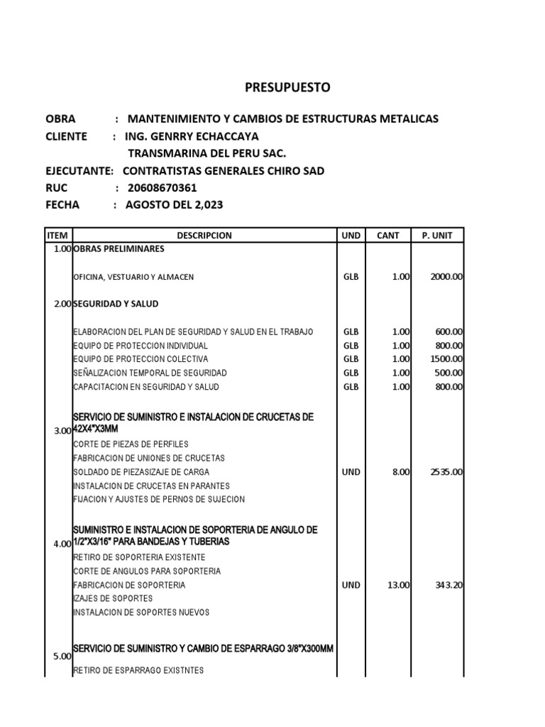 Presupuesto Estructura Metalica | PDF