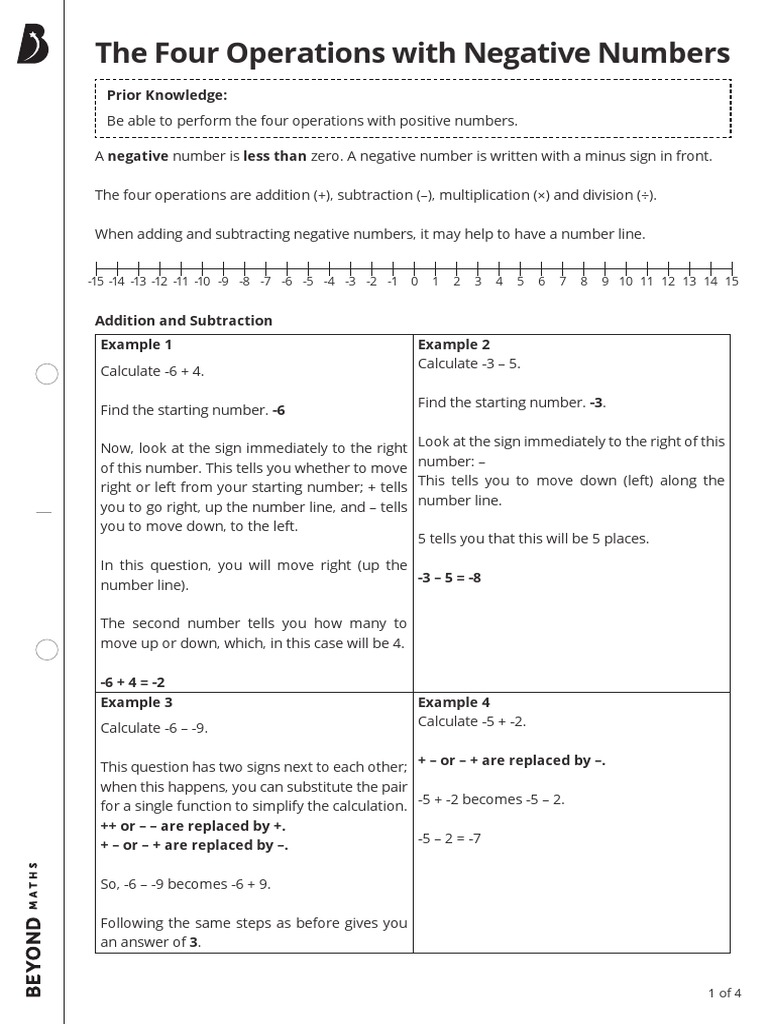 The Four Operations with Negative Numbers Worksheet | PDF