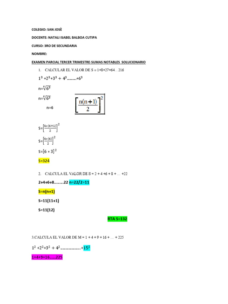Examen de Sumas Notables 3ro Secundaria | PDF